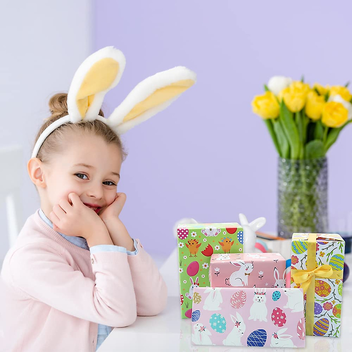 Easter Wrapping Paper,8 Sheets 4 Design Bunny Eggs Chicks Pattern Birthday Gift Wrap,20 x 28inch Cute Wrapping Paper Sheets With Ribbon for Easter Spring Party All Occasion Girls Boys Baby Shower