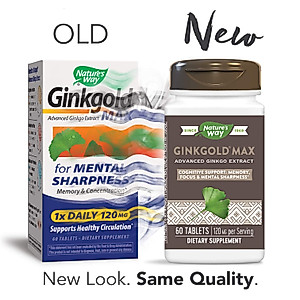 Nature's Way Ginkgold Max Advanced Ginkgo Extract, Supports Memory, Focus, and Concentration, and Cognitive Function*, Gluten free, Vegan, 60 Vegan Tablets (Packaging May Vary)