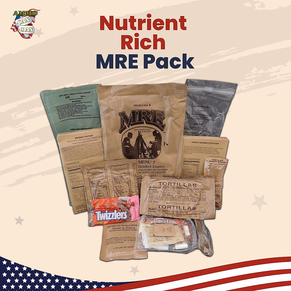 U.S. Meal Ready to Eat (Variety Pack of 12) – Nutritional Emergency Food Rations - Freeze Dried Food w/Flameless Heaters, Entree, Side Dishes, & More - MRE Kit for Emergency Survival, Hunting, & More