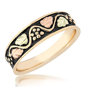 Antiqued with Grape Leaves Band, 10k Yellow Gold, 12k Green and Rose Black Hills Gold Size 8