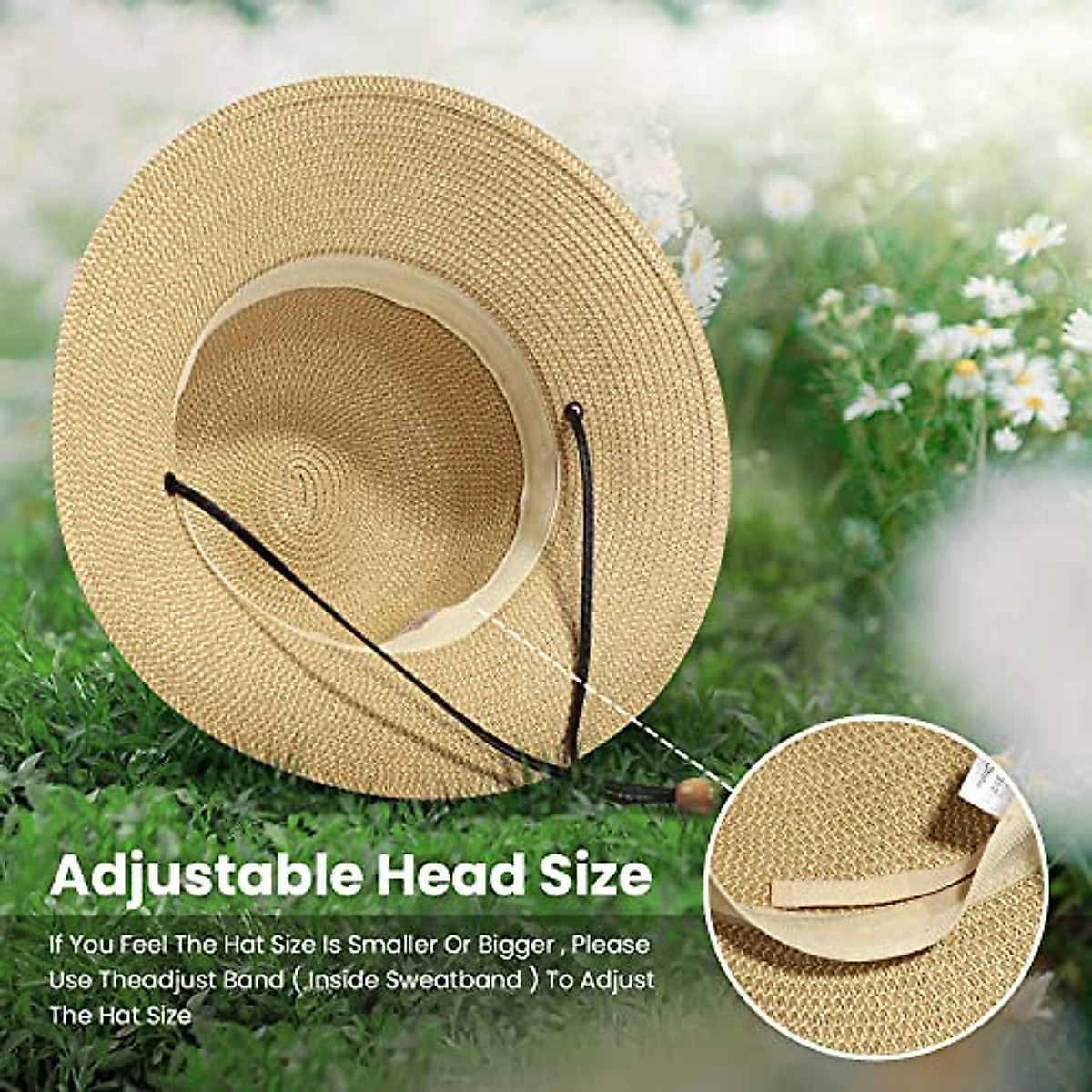 Simplicity Beach Hats for Women Wide Brim Hat Women Sun Protection Foldable Straw Sun Hat with Chin Strap Sun Hats for Women, Off-White Brown Mix