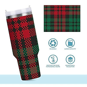 MCHIVER Christmas Red Plaid Tumbler with Lid and Straw 40 oz Insulated Water Bottle Leakproof Tumblers for Iced Water Smoothie Coffee