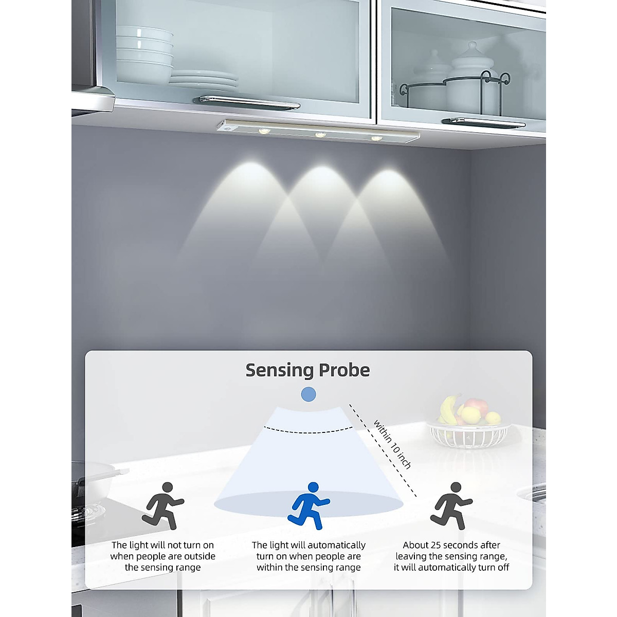 GARTO Silver Under Cabinet Light 2 Packs,23.62 inch Slim LED Motion Sensored Light,4 Beads USB Rechargeable Under Counter Lights for Kitchen Shelf Wardrobe Closet