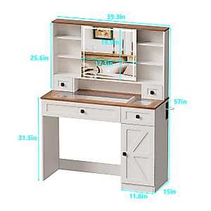 PAKASEPT Vanity Desk with Sliding Mirror and Lights, Glass Tabletop Makeup Vanity with 3 Lighting Modes, White Vanity Table with Power Strip&Hooks, Hidden Shelves, Girls Bedroom Vanities Set