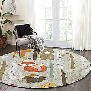 EwdeWwo Shag Area Rug, 3ft Indoor Round Area Rugs- Cartoon Bunny Bear Fox Animal Forest Shaggy Carpet Nursery Rug for Kids Baby Bedroom Living Room Home Decor