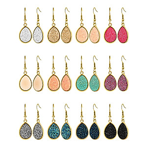 12 Pairs Faux Druzy Drop Earrings Crystal Pendant Dangle Earrings Multicolor Stainless Steel Earrings for Women