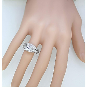 Sterling Silver 2 Pieces Princess Cut Cubic Zirconia Cross Shank Bridal Engagement Wedding Halo Ring Set,10