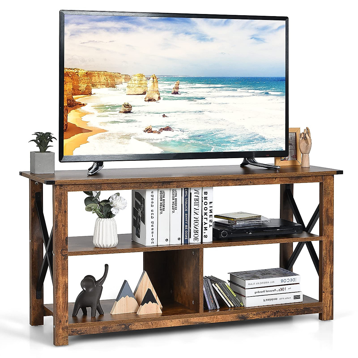 Tangkula Wood TV Stand with Open Shelves and X-Shaped Frame, 3 Tier Entertainment Center for 55-Inch TV, Farmhouse TV Console Table, Open TV Stands for Living Room Bedroom (Brown)
