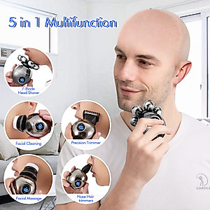 7D Electric Razor for Men,5-in-1 Bald Head Shaver Cordless LED Mens Electric Shavers IPX7 Waterproof Wet Dry Rotary Shaver Head Shavers for Bald Men with Beard Clippers Nose Trimmer