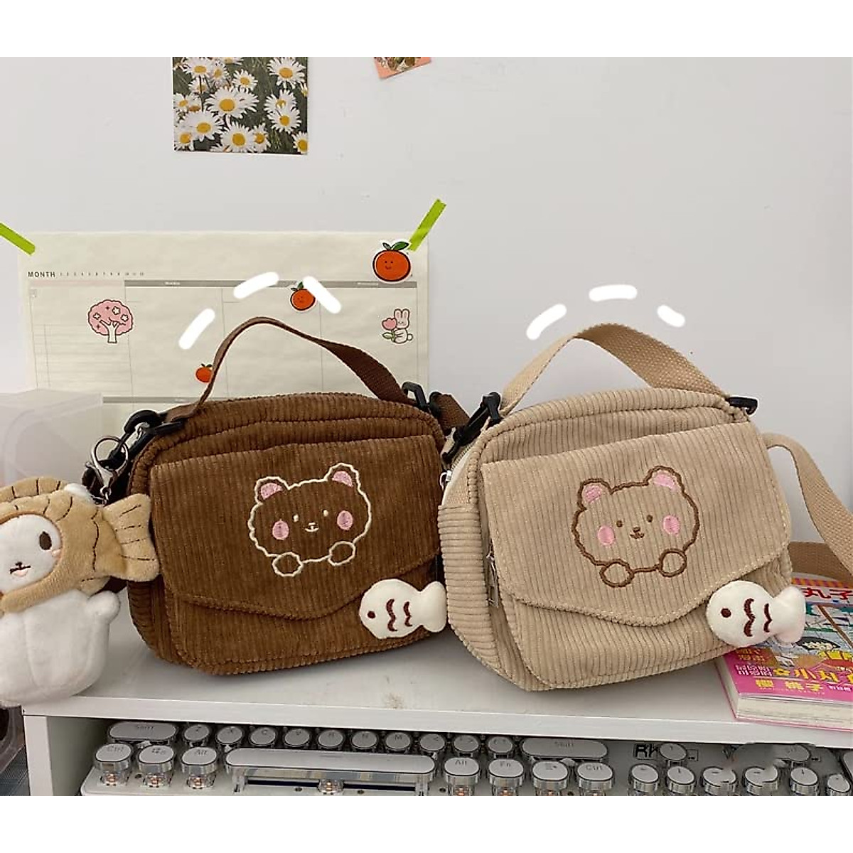 AWXZOM small cute Corduroy Crossbody bag min Kawaii Purse Crossbody Bag small Kawaii Wallet small Kawaii Crossbody Bag come with a duck pin (Beige)