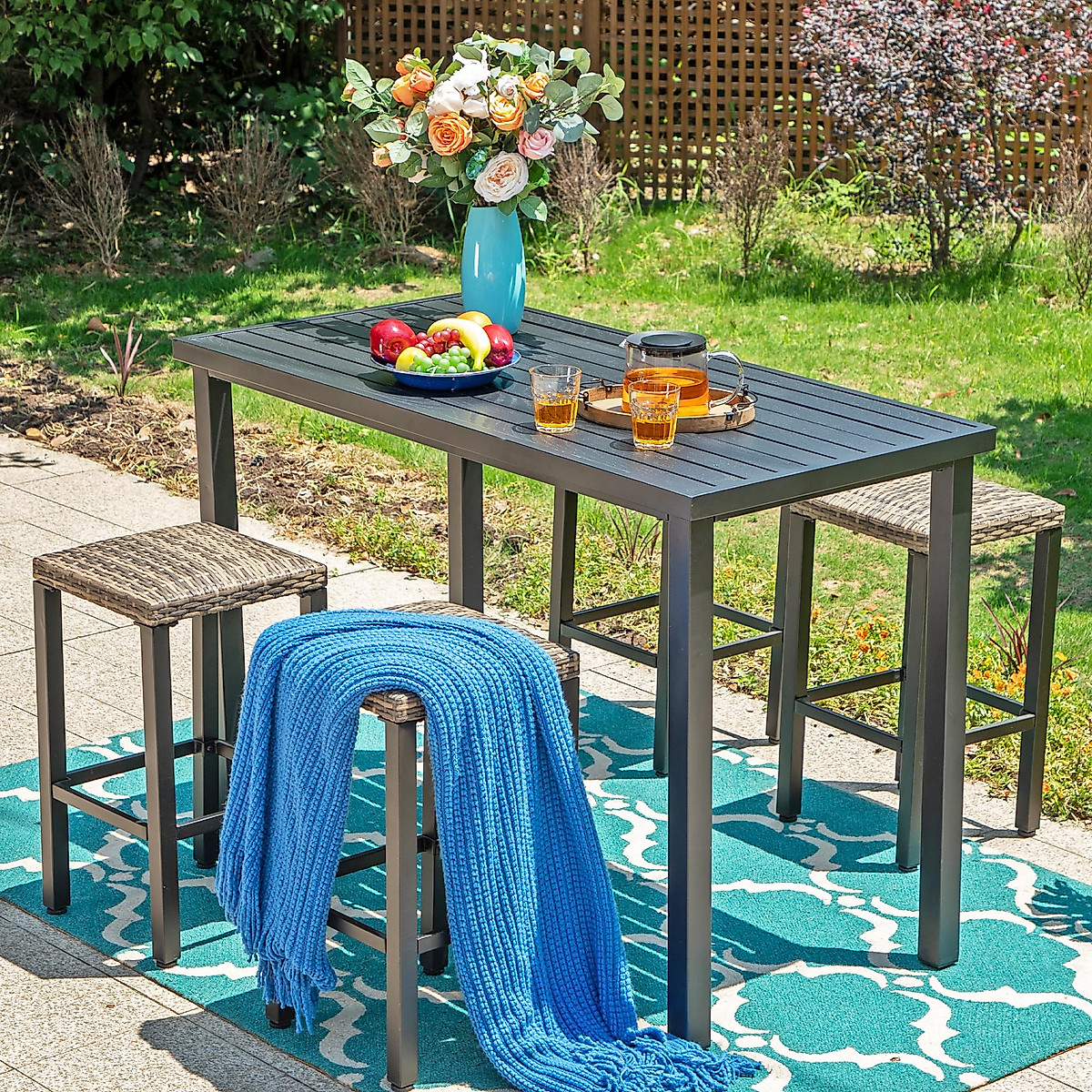 Sophia & William Outdoor Patio Bar Stools Set of 4, Counter Height Backless Rattan Wicker Bar Chairs with Adjustable Feet Mats, Patio Furniture with Metal Frame for Patio Kitchen Dining, 26.4" H