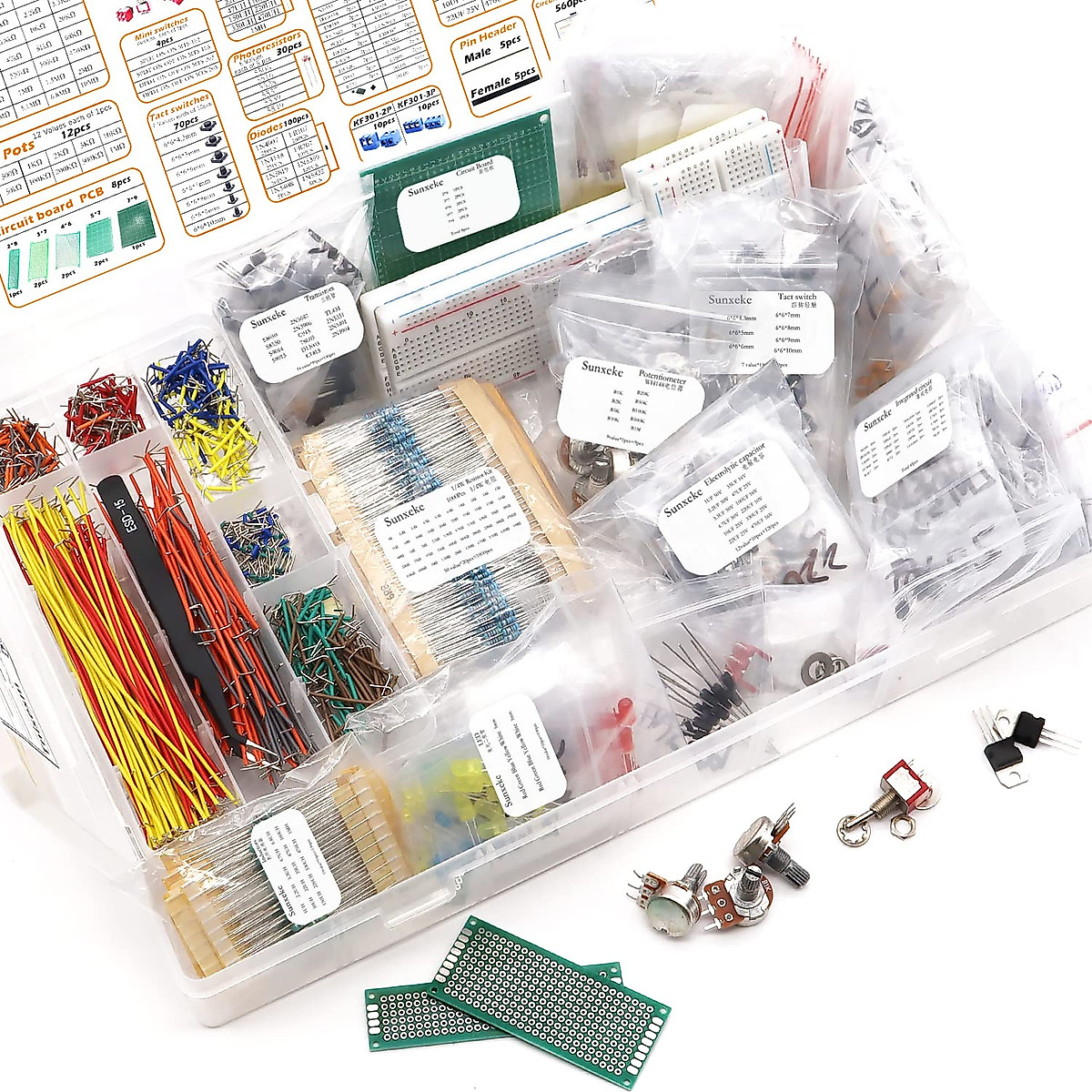 Sunxeke Electronic Component DIY Assortment Kit,Include Resistors,Capacitors,Triode,PCB,Tact Switch,Toggle Switch，Potentiometer,LED,Inductors,Crystal oscillator,Integrated Circuit.