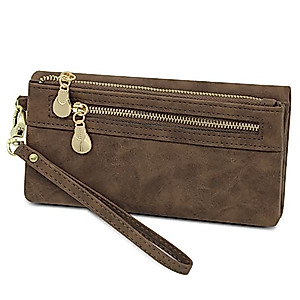 Women Vegan Leather Wallet Long Bifold Clutch Wallet for Women with Zipper Coin Pocket Purse (Coffee)
