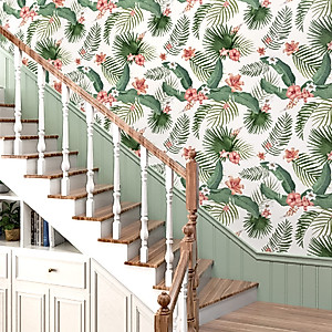 Skyblur Boho Waallpaper Vintage Floral Peel and Stick Wallpaper 17.5"X118" Tropical Banana Leaf Wall Paper Palm Removable Contact Paper for Cabinets Mural Stick on Wallpaper Home Decor for Walls