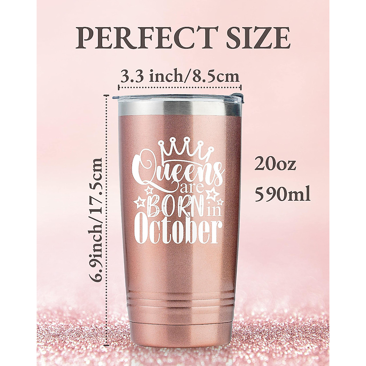 Onebttl Happy Birthday Tumbler for Women, Funny Birthday Gifts for Her, Girlfriend, Friends, Mom, Daughter, Sister, 20 oz Insulated Cup with Lid, Queens are Born in October, Rose Gold