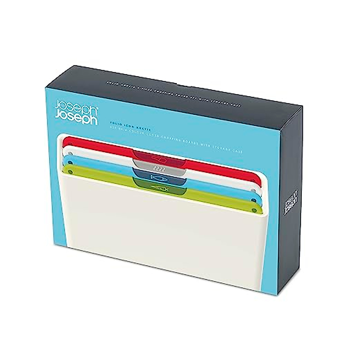 Joseph Joseph Folio Icon, 4-Piece Color coded Cutting Board Set, Slimline Case for Organized Kitchen Storage - Regular, White