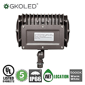 GKOLED 45W Outdoor Security LED Flood Lights 120-277V, Waterproof, 150W PSMH Equivalent, 5400 Lumens, 5000K Daylight White, 70CRI, UL-Listed, 1/2" Adjustable Knuckle Mount
