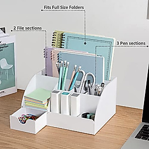 Office Desk Organizer, White Acrylic, with Drawer, 9 Compartments, All in One Office Supplies and Cool Desk Accessories Organizer, Pen Holder, Enhance Your Office Decor Desktop Organizer (White)
