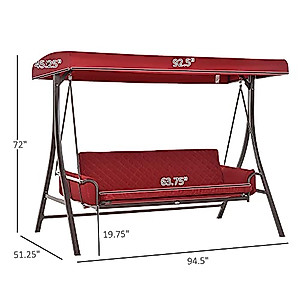 Outsunny 3-Seat Patio Swing Chair, Converting Flatbed, Outdoor Porch Swing Glider with Adjustable Canopy, Removable Cushions, Pillows for Garden, Poolside, Backyard, Red
