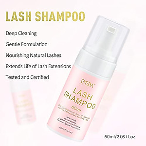 EMEDA Lash Shampoo for Lash Extensions 60ml / 2 fl.oz Eyelash Extension Cleanser Oil Free Foam Soap Lash Bath for Cluster Lashes Wash Oil Dustcare, Gentle Lash Cleaning Kit with Rinse Bottle Brush