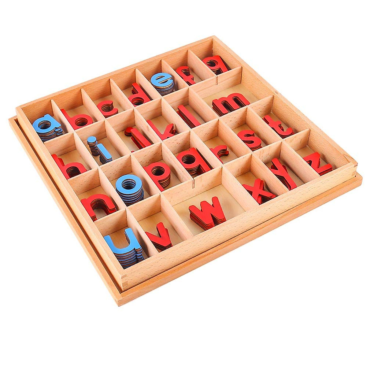 Kghios Montessori Wood Small Movable Alphabet with Box and Large Mat Preschool Spelling Learning Language Materials Toys (Red & Blue)