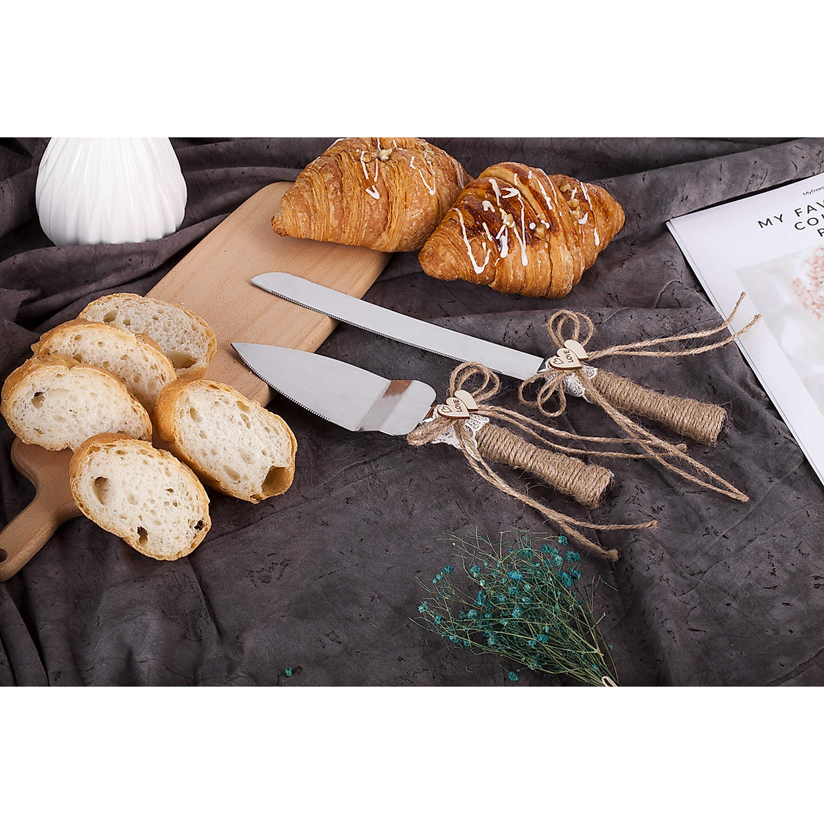 Rustic Wedding Cake Knife and Server Set-ULA Natural Burlap Twine Handle Wood Heart Cutlery for Wedding Gift,Cake Cutting Set for Wedding Rustic Wedding Decor (Burlap)