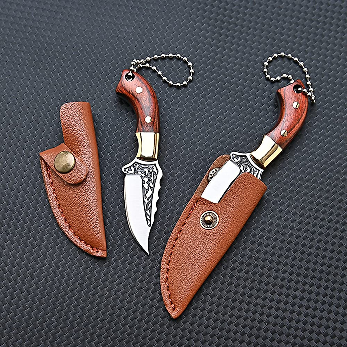 SZHOWORLD Ultra Small Fixed Blade Knife, 1.57 inch 5Cr Stainless Steel Blade with Brass+Colored Wood Handle, Mini Knife/Box Cutter with Leather Sheath for EDC Gift Collection Cutting
