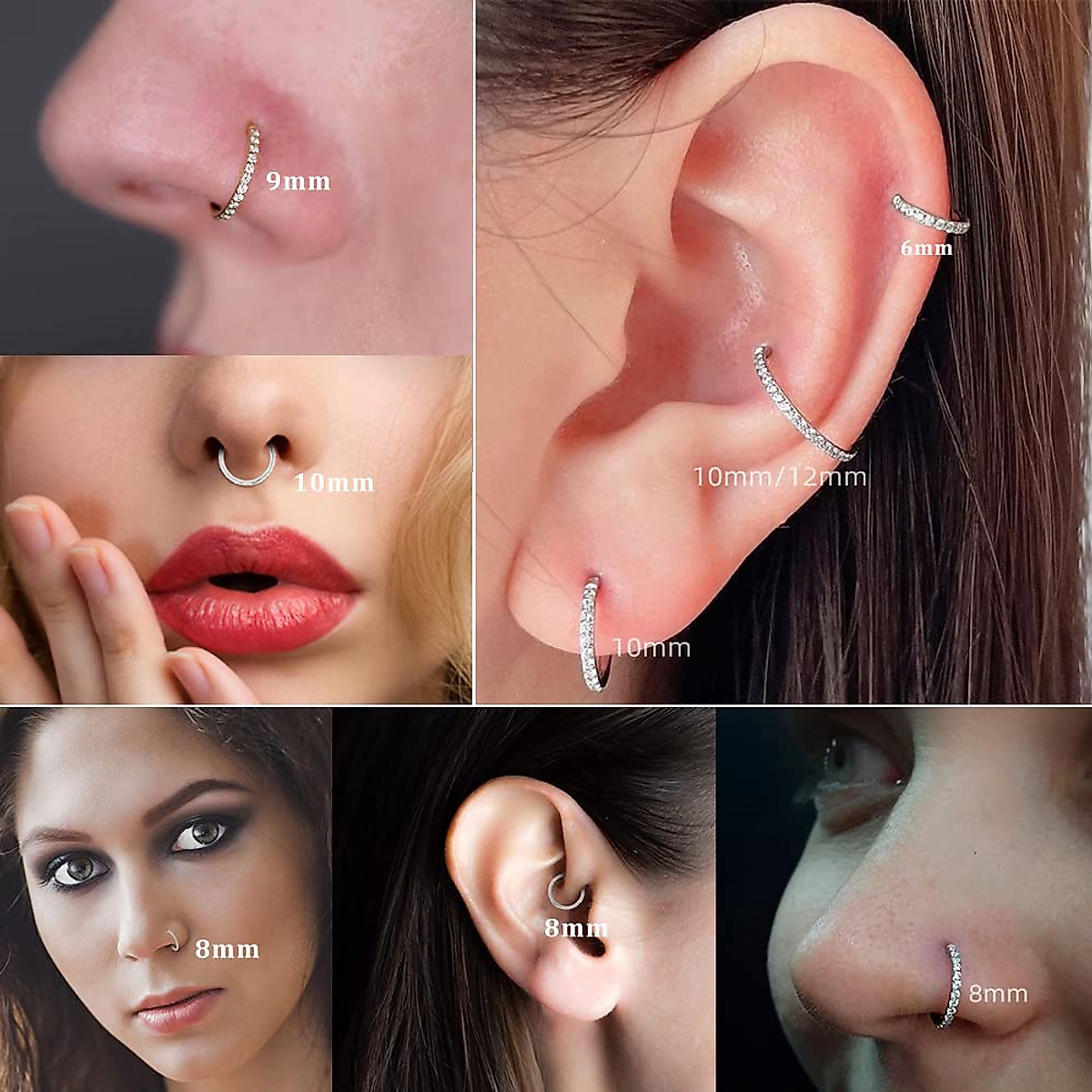 REDNITY 18G Hinged Nose Ring Hoop Surgical Steel, 18 Gauge Septum Clicker Cartilage Earrings with Clear CZ, Silver, 7mm