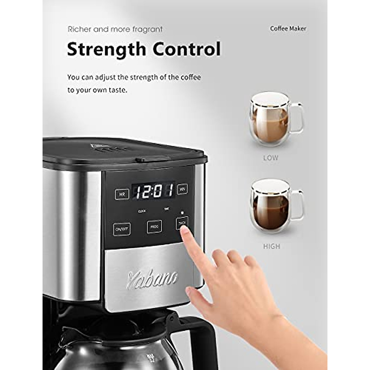 Programmable Coffee Maker, 12 Cups Coffee Pot with Timer and Glass Carafe, Brew Strength Control, Keep Warming, Mid-Brew Pause, Coffee Machine with Permanent Coffee Filter Basket, Anti-Drip System