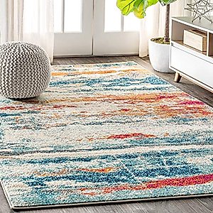 JONATHAN Y Contemporary POP Modern Abstract Brushstroke Cream/Blue 8 ft. x 10 ft. Area-Rug, Bohemian, Easy-Cleaning, for Bedroom, Kitchen, Living Room, Non Shedding (CTP102C-8)