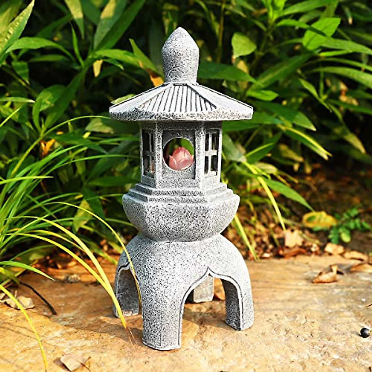 MIBUNG Large Zen Solar Pagoda Lantern Garden Statue Sculpture, Indoor/Outdoor Zen Asian Decor with Solar Lotus Light, Japanese Temple Pagoda Lamp for Landscape Patio, Lawn, Porch Yard Art Ornament