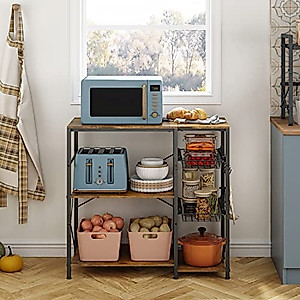 Hoctieon 3 Tier Microwave Oven Shelf, Microwave Storage Kitchen Storage Rack with 4 Hooks, Microwave Stand with 2 Slide-Out Baskets,Kitchen Baker's Rack, Microwave Oven Stand