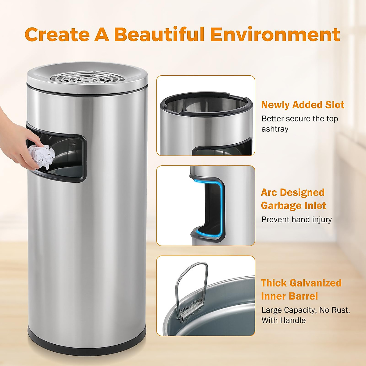 BEAMNOVA Outdoor Trash Can with Lid Stainless Steel Commercial Garbage Enclosure Yard Garage Inside Barrel Industrial Garbage Can Heavy Duty Waste Container, 12.4 * 27 in /31.5 * 68.5cm