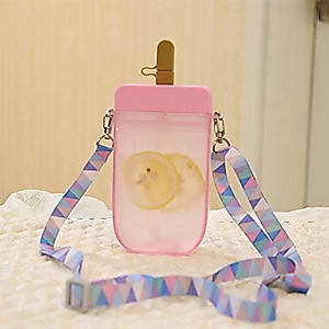 Vwey Cute Water Bottles with Straws, Creative Ice Cream Plastic Popsicle Drink Bottles, BPA Free Transparent Jug, Adjustable Shoulder Strap, for Outdoor Camping Sports Travel, 10 oz (Pink)