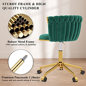 GOOLON Velvet Desk Chair, Modern Office Chair with Wheels, Home Swivel Vanity Armchair with Woven Back Comfy Height Adjustable Seat Sturdy Golden Metal Rolling Base for Makeup Bedroom, Dark Green