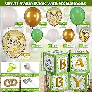Sage Green Baby Shower Decorations, 4Pcs Neutral Baby Shower Boxes with 92pcs Balloons, Woodland Jungle Theme Baby Shower Decoration Backdrop for Baby Boy Girl Birthday Gender Reveal Party Supplies