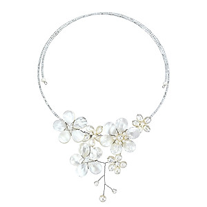 AeraVida Elegant Bridal Floral Mother of Pearl and Freshwater White Pearl Cluster Choker Wrap Necklace
