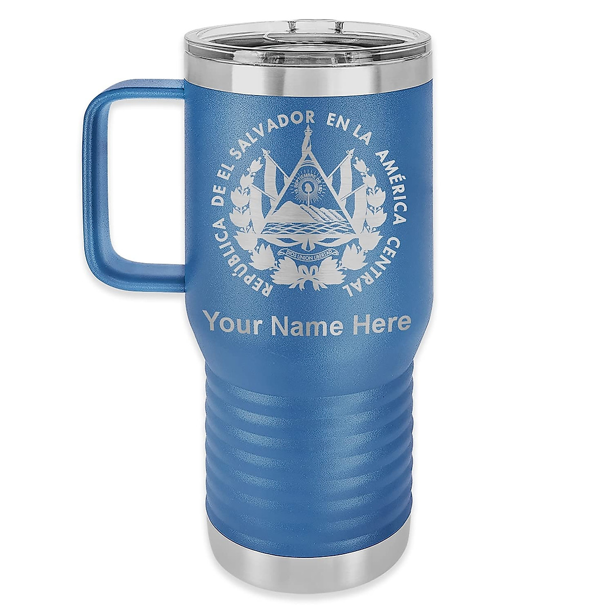LaserGram 20oz Vacuum Insulated Travel Mug with Handle, Flag of El Salvador, Personalized Engraving Included (Dark Blue)