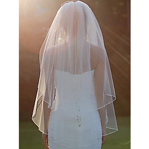 HEREAD 2-Tier Wedding Veil Waist Length Short Bride Hair Accessoies Bridal Tulle with Comb and Pencil Edge (White)