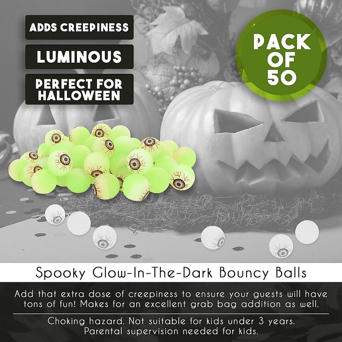 Juvale 50-Pack Glowing Eyeball Bouncy Balls for Kids, Glow in The Dark Halloween Party Supplies, Fun Spooky Eyeballs for Halloween Parties and Themed Celebrations, Decoration Supplies (1 in)
