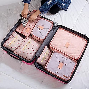 Laebevon 7 Set Packing Cubes with Shoe Bag - Travel Luggage Organizer, Pink Cherry
