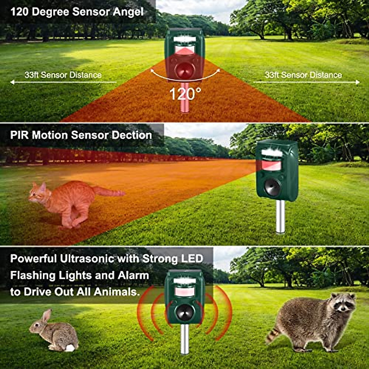 AMIATCH Solar Ultrasonic Animal Repeller, Motion Detection, LED Flashing Light, Cat Repellent Outdoor, Dog, Squirrel, Raccoon, Skunk, Rabbit, Rodent, Fox, Deer, etc.