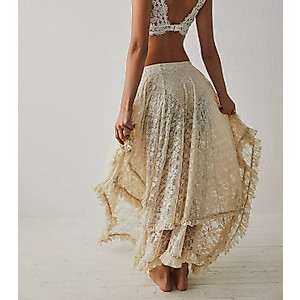 R.Vivimos Women Lace Long Skirts Summer Elastic Asymmetrical Layered Hem Sexy See-Through Beach Floral Maxi Skirts (Medium, Beige)