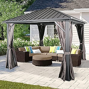 10' x 10' Hardtop Gazebo, Heavy-Duty Hardtop Non-Rust Aluminum Permanent Pergola Shelter Tent with Galvanized Steel Canopy Roof, Mosquito Netting and Privacy Curtain (Gray)
