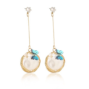 FOESSD Butterfly Earrings - Summer Lightweight Butterfly Dangle Earrings Jewelry Pearl Flower Handmade Wire Wrap Gold Drop Earring Cottagecore Bridesmaid Wedding Beach Birthday Gifts for Women Girls