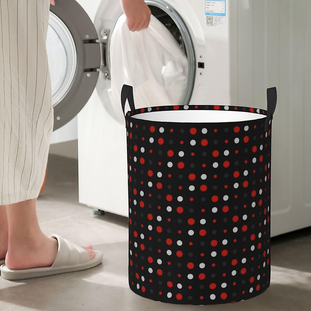 Large Laundry Basket, Dirty Clothes Hamper Toys Storage Bag Red, Black, Gray and White Dots Waterproof Foldable Washing Bin for College Dorms 15.7" x 19.6"