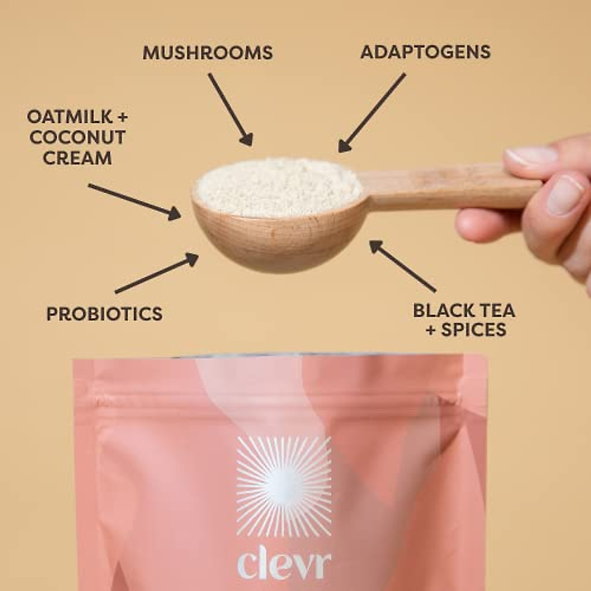 Clevr Blends Chai Tea Latte, Oat Milk Instant Latte Mix, Powder Latte Black Tea Organic Spices, Coconut Milk Superfood Creamer, SuperLatte with Adaptogens, Reishi Mushrooms, Lions Mane and Probiotics