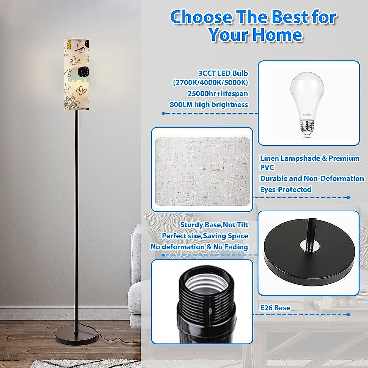 Modern Standing Lamps pattern lion elephant palm trees white for packaging Minimalist Floor Lamp Metal Pole Lamp with Linen Lampshade for Bedroom Living Room Office Nursery Reading Foot Switch