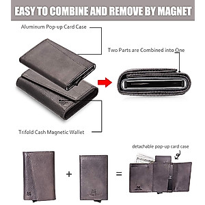 ManChDa Genuine Leather Wallet Slim RFID Blocking Magnetic Wallet for Men Trifold Wallet Aluminum Detachable Wallet Pop up Card Wallet Card Case Holder Clip Money Organizer(Grey 2)
