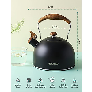 Tea Kettle, BELANKO 85 OZ / 2.5 Liter Whistling Tea Kettle, Tea Pots for Stove Top Food Grade Stainless Steel with Wood Pattern Folding Handle, Loud Whistle Kettle for Tea, Coffee, Milk - Black